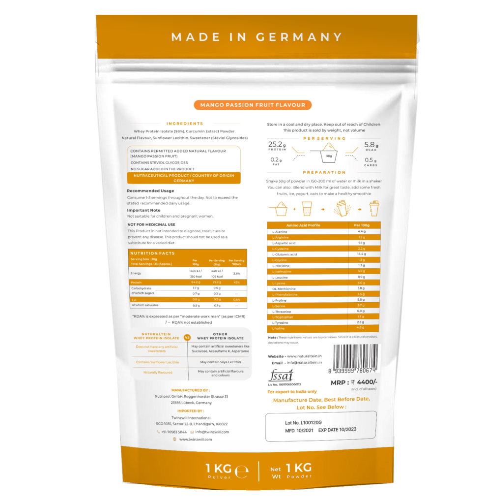 100% Natural Whey Protein Isolate – Mango Flavour – 1Kg (Naturally ...